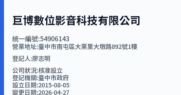 巨博數位影音科技有限公司的照片-統編 54906143(臺中市) 公司登記資料與營業項目詳細圖表