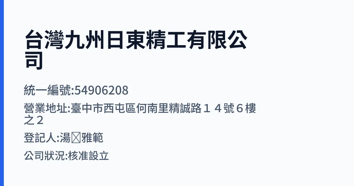 台灣九州日東精工有限公司 - 統編 54906208(臺中市) 公司登記資料與營業項目詳細圖表