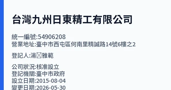 台灣九州日東精工有限公司的照片-統編 54906208(臺中市) 公司登記資料與營業項目詳細圖表