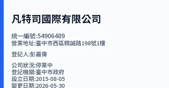 凡特司國際有限公司的照片-統編 54906489(臺中市) 公司登記資料與營業項目詳細圖表