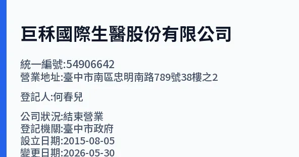 巨秝國際生醫股份有限公司的照片-統編 54906642(臺中市) 公司登記資料與營業項目詳細圖表