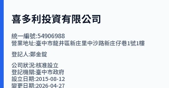 喜多利投資有限公司的照片-統編 54906988(臺中市) 公司登記資料與營業項目詳細圖表