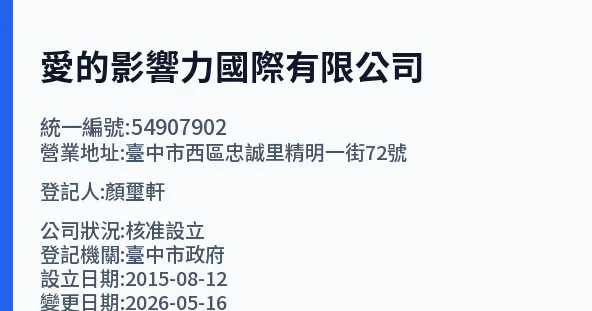 愛的影響力國際有限公司的照片-統編 54907902(臺中市) 公司登記資料與營業項目詳細圖表