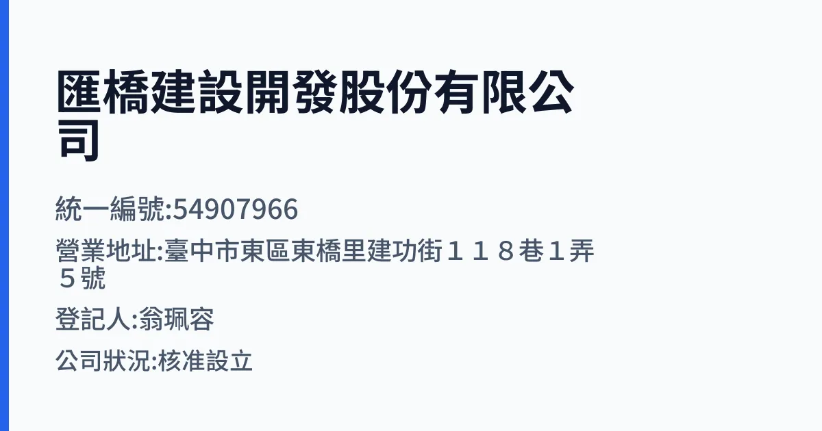 匯橋建設開發股份有限公司 - 統編 54907966(臺中市) 公司登記資料與營業項目詳細圖表