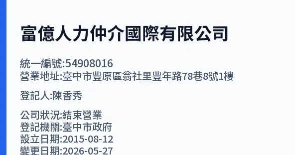 富億人力仲介國際有限公司的照片-統編 54908016(臺中市) 公司登記資料與營業項目詳細圖表