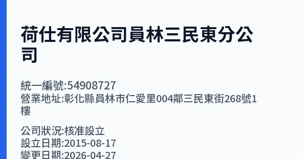 荷仕有限公司員林三民東分公司的照片-統編 54908727(彰化縣) 公司登記資料與營業項目詳細圖表