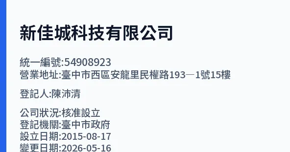 新佳城科技有限公司的照片-統編 54908923(臺中市) 公司登記資料與營業項目詳細圖表