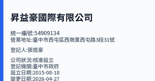 昇益豪國際有限公司的照片-統編 54909134(臺中市) 公司登記資料與營業項目詳細圖表
