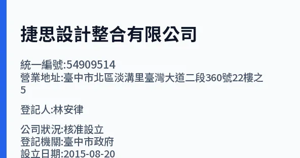 捷思設計整合有限公司的照片-統編 54909514(臺中市) 公司登記資料與營業項目詳細圖表