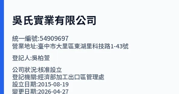 吳氏實業有限公司的照片-統編 54909697(臺中市) 公司登記資料與營業項目詳細圖表