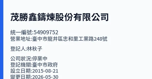茂勝鑫鑄煉股份有限公司的照片-統編 54909752(臺中市) 公司登記資料與營業項目詳細圖表