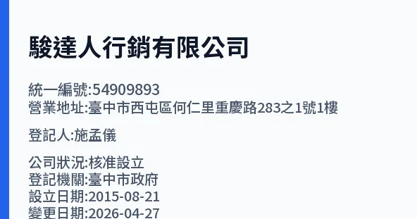 駿達人行銷有限公司的照片-統編 54909893(臺中市) 公司登記資料與營業項目詳細圖表