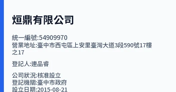 烜鼎有限公司的照片-統編 54909970(臺中市) 公司登記資料與營業項目詳細圖表