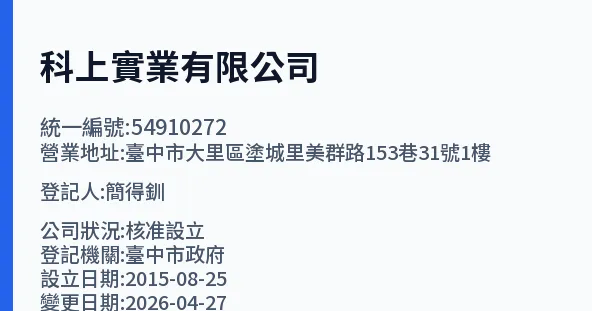 科上實業有限公司的照片-統編 54910272(臺中市) 公司登記資料與營業項目詳細圖表