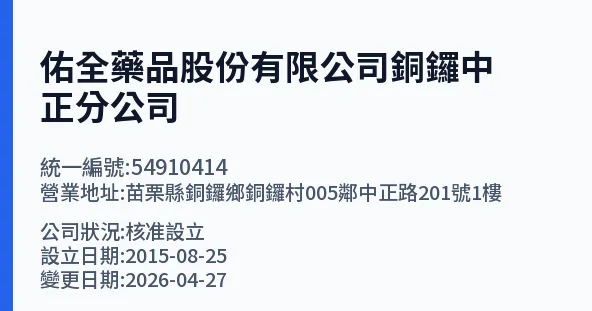 佑全藥品股份有限公司銅鑼中正分公司的照片-統編 54910414(苗栗縣) 公司登記資料與營業項目詳細圖表