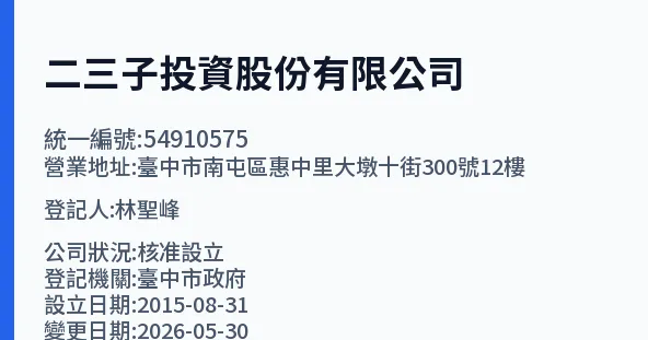 二三子投資股份有限公司的照片-統編 54910575(臺中市) 公司登記資料與營業項目詳細圖表