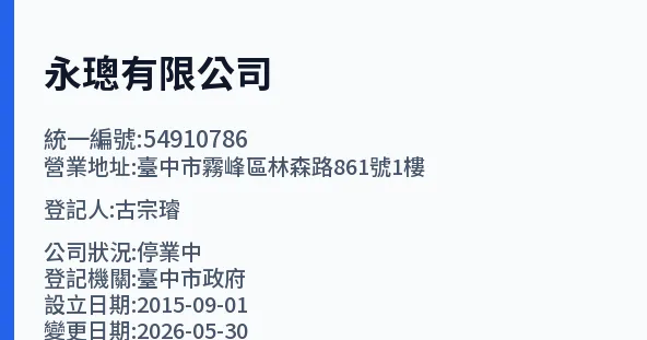 永璁有限公司的照片-統編 54910786(臺中市) 公司登記資料與營業項目詳細圖表