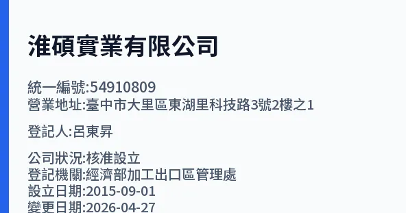 淮碩實業有限公司的照片-統編 54910809(臺中市) 公司登記資料與營業項目詳細圖表