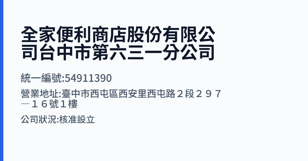 全家便利商店股份有限公司台中市第六三一分公司 - 統編 54911390(臺中市) 公司登記資料與營業項目詳細圖表
