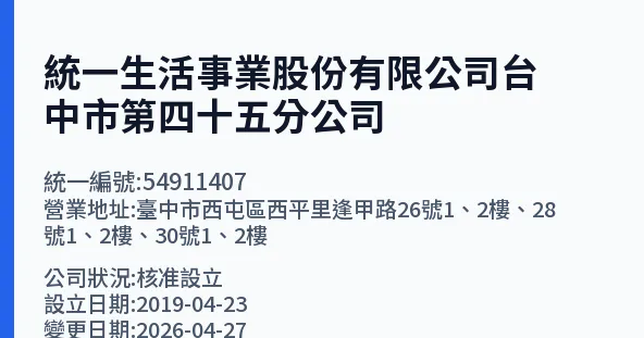 統一生活事業股份有限公司台中市第四十五分公司的照片-統編 54911407(臺中市) 公司登記資料與營業項目詳細圖表