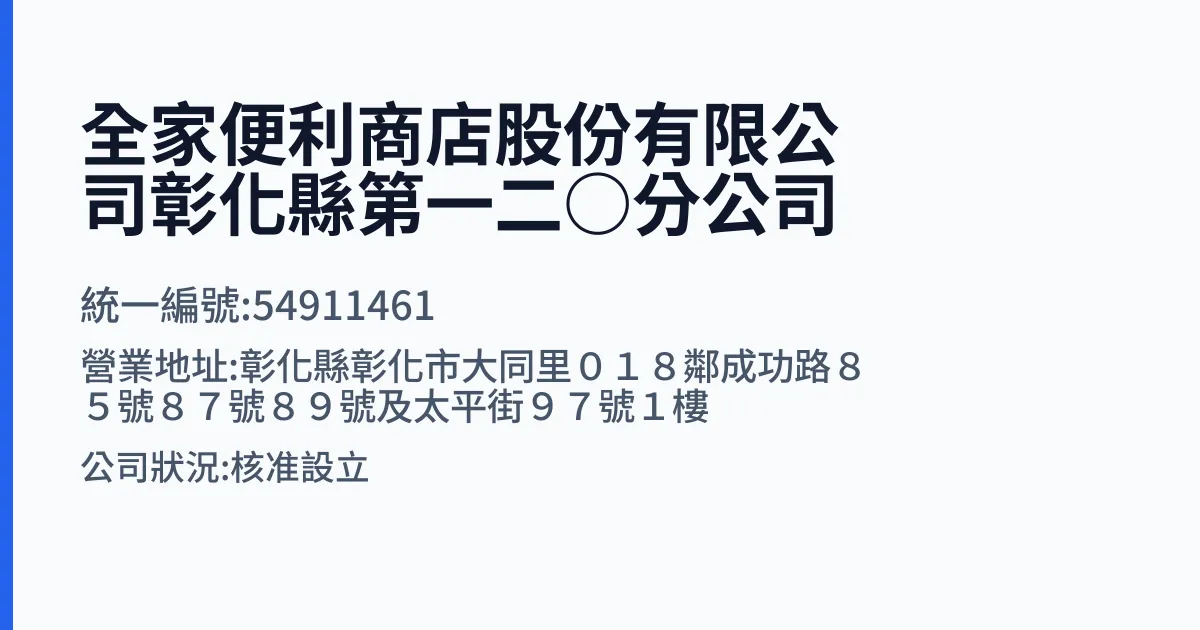 全家便利商店股份有限公司彰化縣第一二○分公司 - 統編 54911461(彰化縣) 公司登記資料與營業項目詳細圖表
