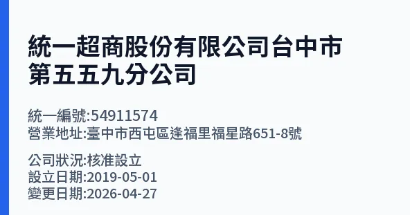 統一超商股份有限公司台中市第五五九分公司的照片-統編 54911574(臺中市) 公司登記資料與營業項目詳細圖表
