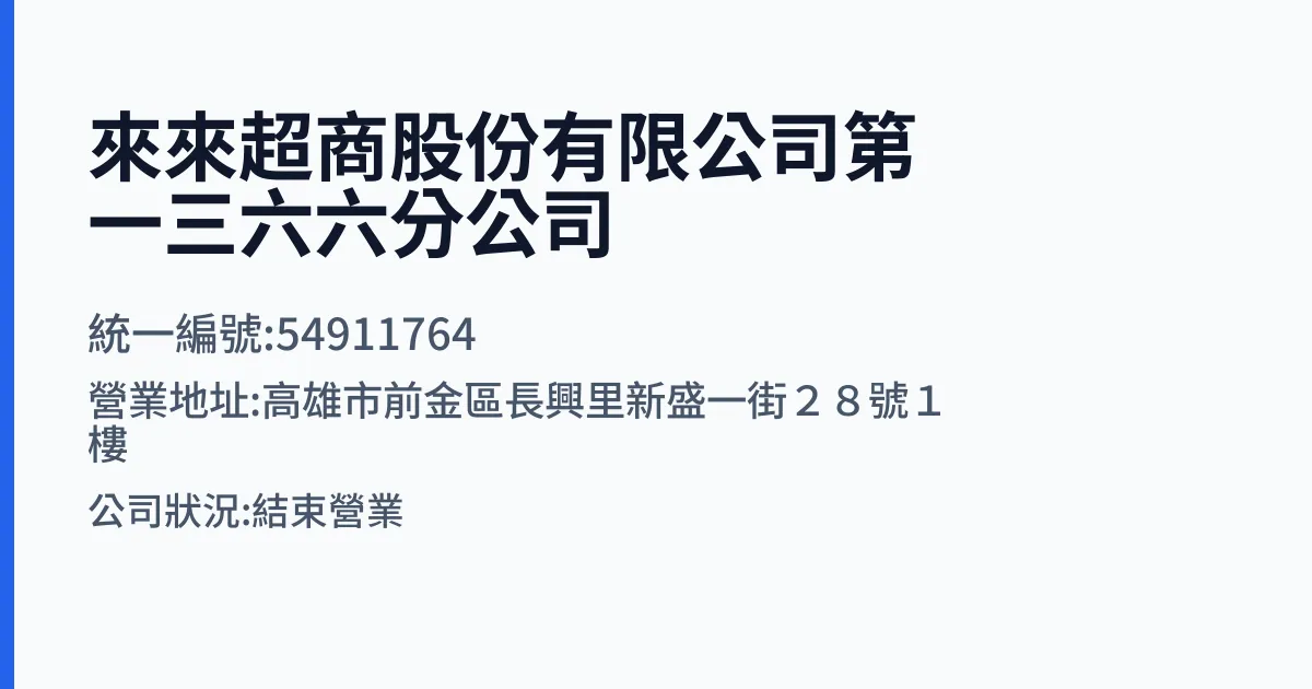 來來超商股份有限公司第一三六六分公司 - 統編 54911764(高雄市) 公司登記資料與營業項目詳細圖表