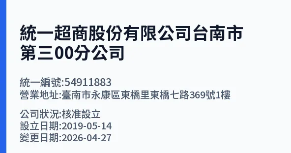 統一超商股份有限公司台南市第三00分公司的照片-統編 54911883(臺南市) 公司登記資料與營業項目詳細圖表
