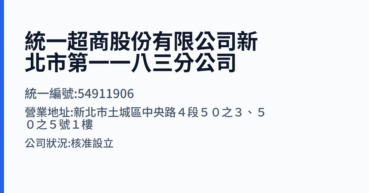 統一超商股份有限公司新北市第一一八三分公司 - 統編 54911906(新北市) 公司登記資料與營業項目詳細圖表