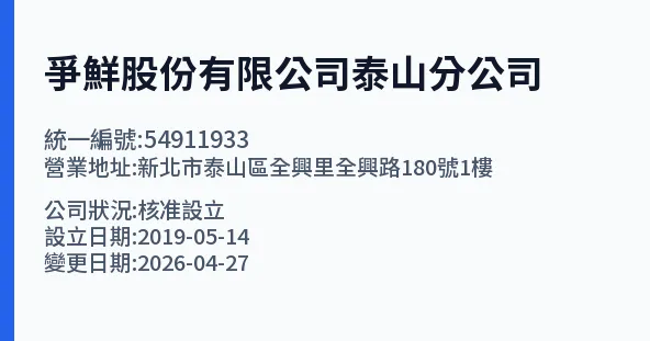爭鮮股份有限公司泰山分公司的照片-統編 54911933(新北市) 公司登記資料與營業項目詳細圖表