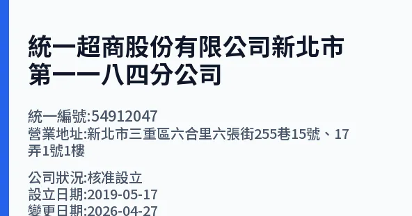 統一超商股份有限公司新北市第一一八四分公司的照片-統編 54912047(新北市) 公司登記資料與營業項目詳細圖表