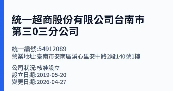 統一超商股份有限公司台南市第三0三分公司的照片-統編 54912089(臺南市) 公司登記資料與營業項目詳細圖表