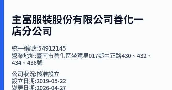 主富服裝股份有限公司善化一店分公司的照片-統編 54912145(臺南市) 公司登記資料與營業項目詳細圖表