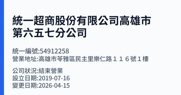 統一超商股份有限公司高雄市第六五七分公司的照片-統編 54912258(高雄市) 公司登記資料與營業項目詳細圖表