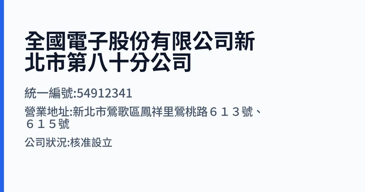 全國電子股份有限公司新北市第八十分公司 - 統編 54912341(新北市) 公司登記資料與營業項目詳細圖表