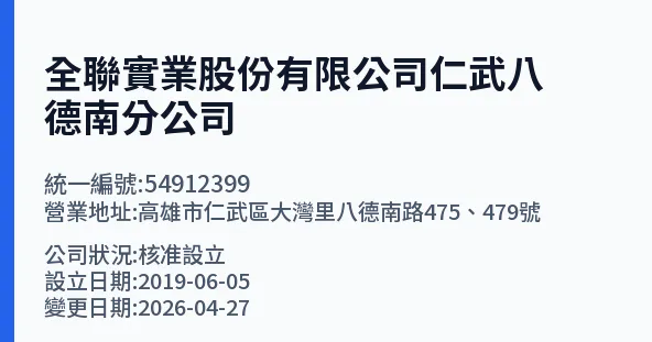 全聯實業股份有限公司仁武八德南分公司的照片-統編 54912399(高雄市) 公司登記資料與營業項目詳細圖表