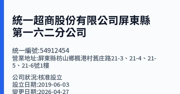 統一超商股份有限公司屏東縣第一六二分公司的照片-統編 54912454(屏東縣) 公司登記資料與營業項目詳細圖表