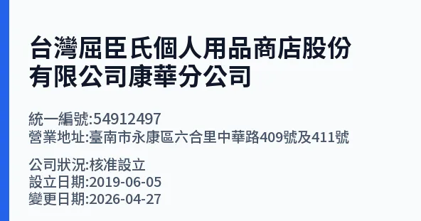 台灣屈臣氏個人用品商店股份有限公司康華分公司的照片-統編 54912497(臺南市) 公司登記資料與營業項目詳細圖表