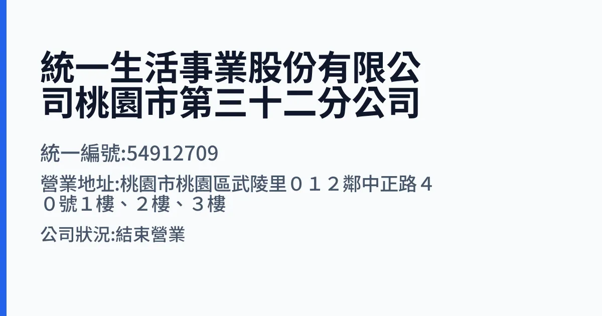 統一生活事業股份有限公司桃園市第三十二分公司 - 統編 54912709(桃園市) 公司登記資料與營業項目詳細圖表