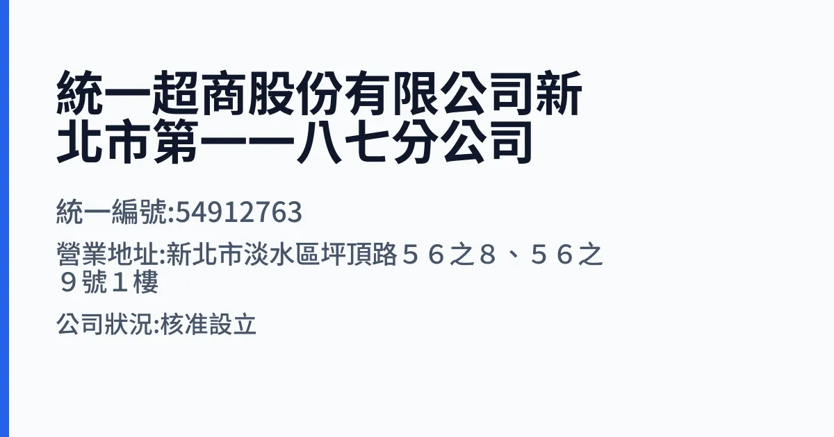 統一超商股份有限公司新北市第一一八七分公司 - 統編 54912763（新北市） 公司登記資料與營業項目詳細圖表