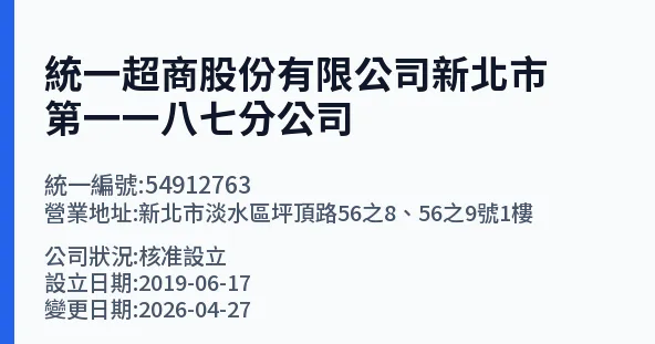 統一超商股份有限公司新北市第一一八七分公司的照片-統編 54912763(新北市) 公司登記資料與營業項目詳細圖表