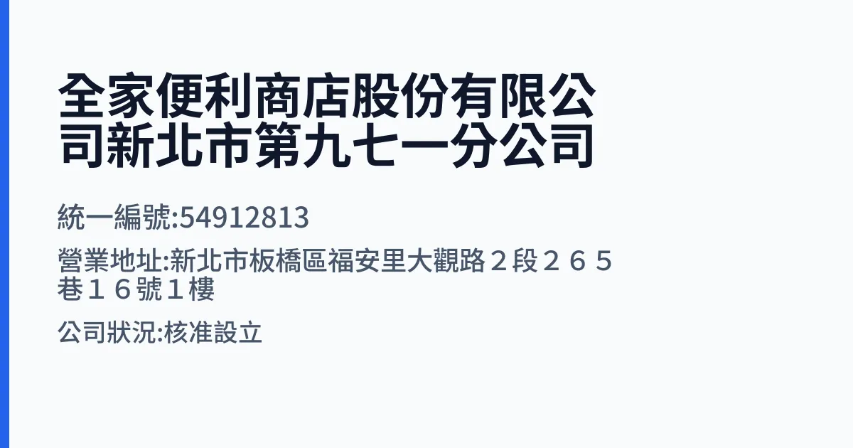 全家便利商店股份有限公司新北市第九七一分公司 - 統編 54912813(新北市) 公司登記資料與營業項目詳細圖表