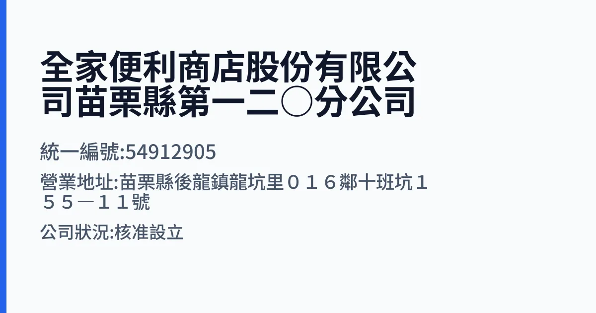全家便利商店股份有限公司苗栗縣第一二○分公司 - 統編 54912905（苗栗縣） 公司登記資料與營業項目詳細圖表