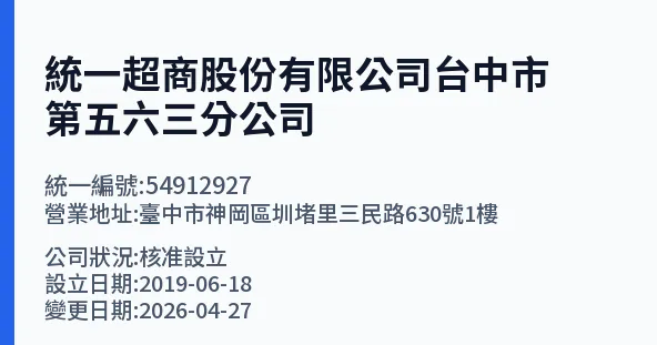 統一超商股份有限公司台中市第五六三分公司的照片-統編 54912927(臺中市) 公司登記資料與營業項目詳細圖表