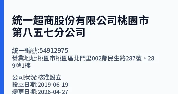 統一超商股份有限公司桃園市第八五七分公司的照片-統編 54912975(桃園市) 公司登記資料與營業項目詳細圖表