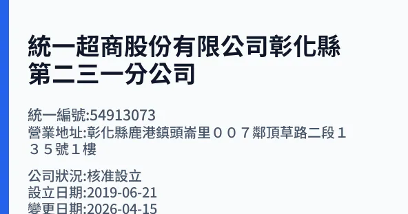 統一超商股份有限公司彰化縣第二三一分公司的照片-統編 54913073(彰化縣) 公司登記資料與營業項目詳細圖表