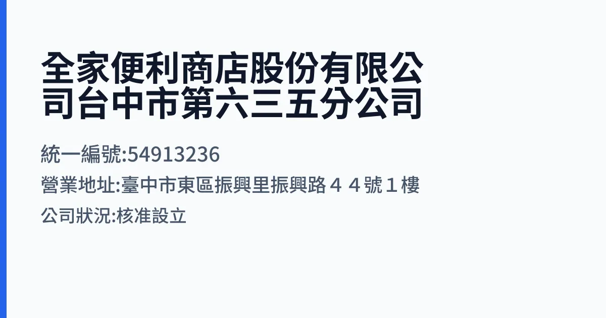 全家便利商店股份有限公司台中市第六三五分公司 - 統編 54913236(臺中市) 公司登記資料與營業項目詳細圖表
