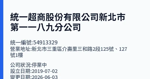統一超商股份有限公司新北市第一一八九分公司的照片-統編 54913329(新北市) 公司登記資料與營業項目詳細圖表