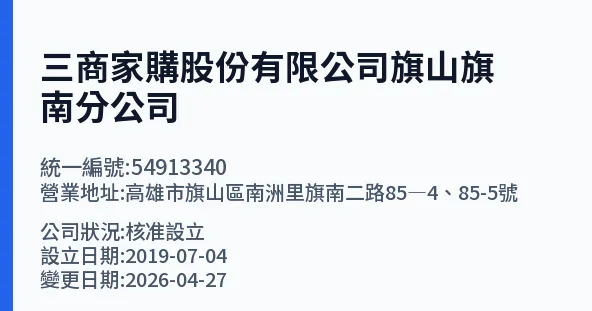 三商家購股份有限公司旗山旗南分公司的照片-統編 54913340(高雄市) 公司登記資料與營業項目詳細圖表