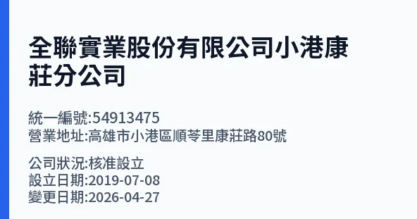 全聯實業股份有限公司小港康莊分公司的照片-統編 54913475(高雄市) 公司登記資料與營業項目詳細圖表
